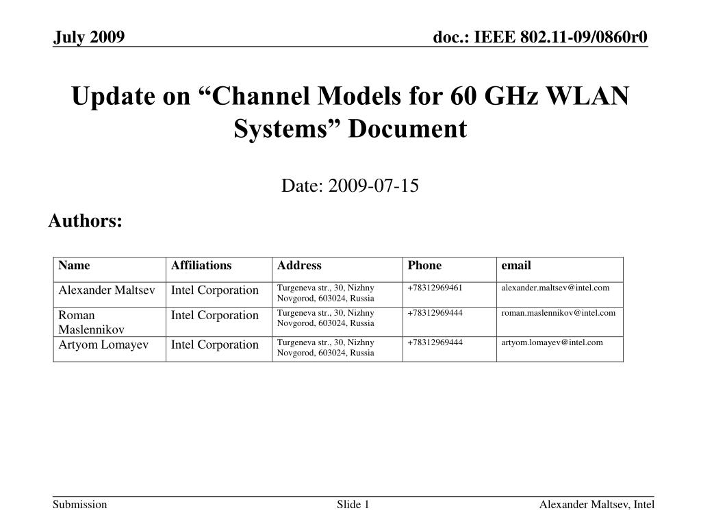 PPT - Update on “Channel Models for 60 GHz WLAN Systems” Document ...
