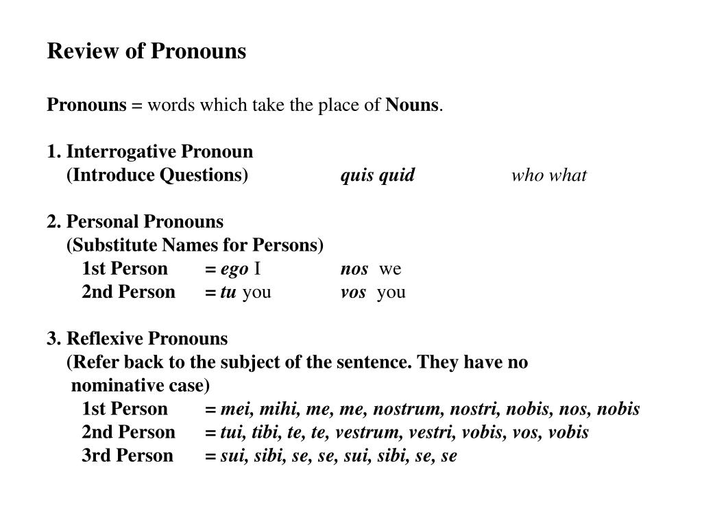 PPT - Review of Pronouns Pronouns = words which take the place of Nouns ...