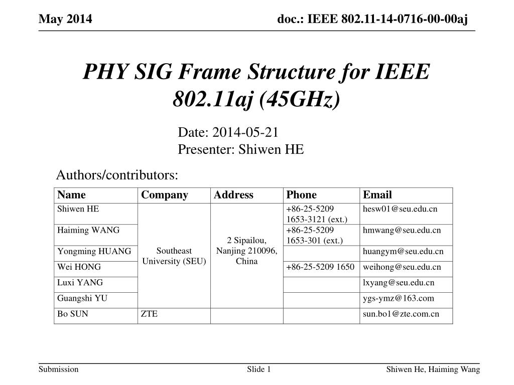 PPT - PHY SIG Frame Structure for IEEE 802.11aj (45GHz) PowerPoint ...
