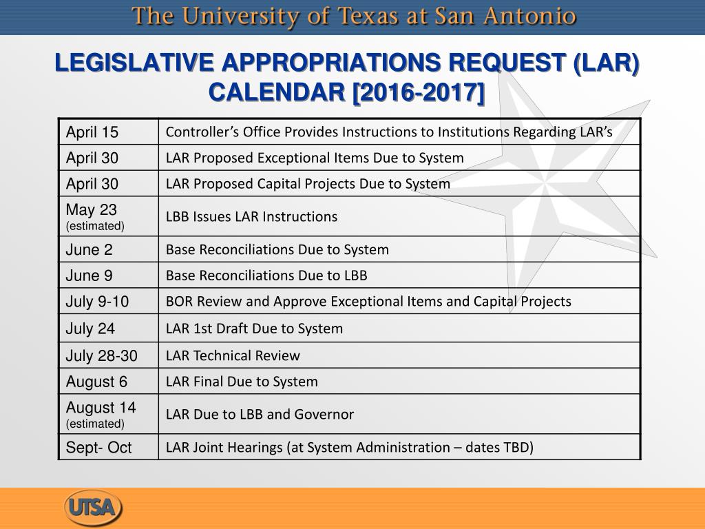 PPT - LEGISLATIVE APPROPRIATIONS REQUEST (LAR) CALENDAR [ 2016‐2017 ...