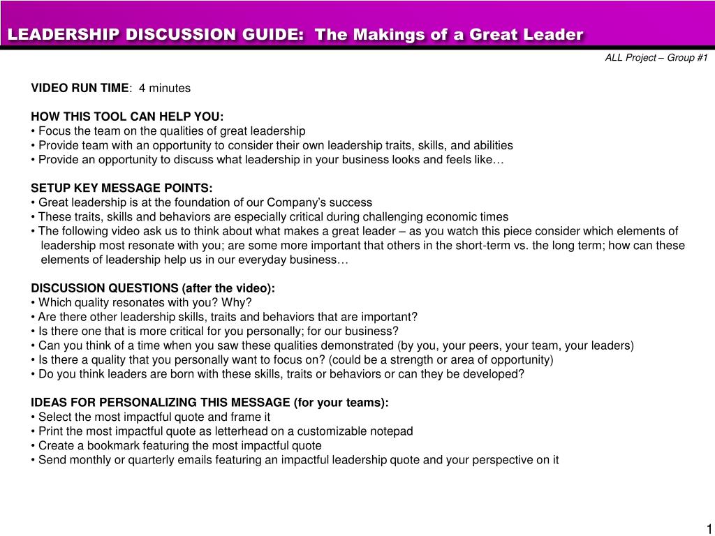 PPT - LEADERSHIP DISCUSSION GUIDE: The Makings of a Great Leader ...