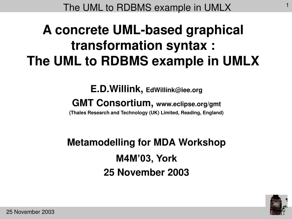 PPT - A concrete UML-based graphical transformation syntax : The UML to RDBMS example in UMLX ...