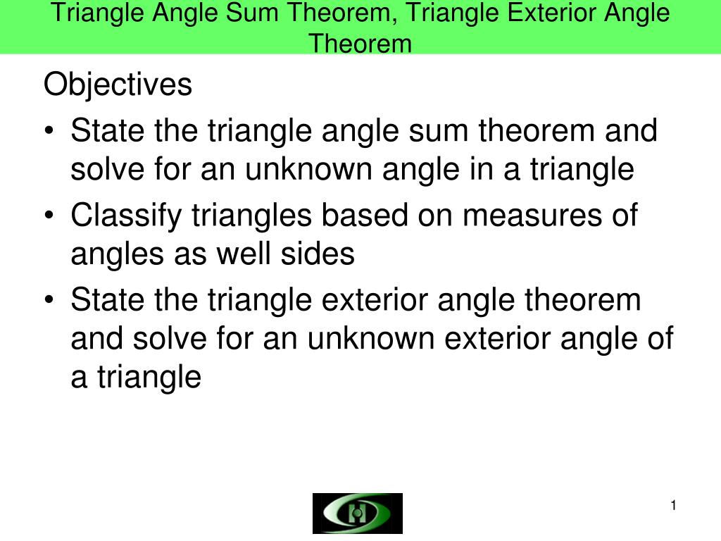 PPT - Triangle Angle Sum Theorem, Triangle Exterior Angle Theorem ...