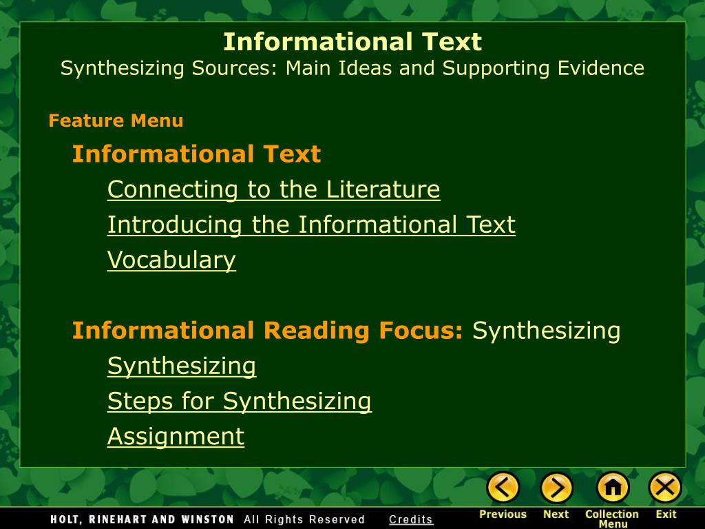 PPT - Informational Text Synthesizing Sources: Main Ideas and ...
